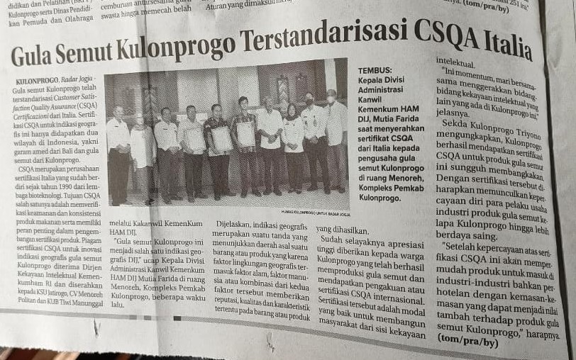 PEMKAB - Gula Semut Kulon Progo Terstandarisasi CSQA Italia